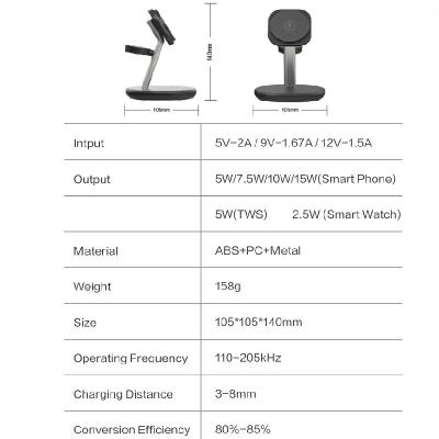 China Multifunctieladers 15W 3 in 1 draadloos oplaadstuk voor telefoon/horloge/oordopjes Te koop