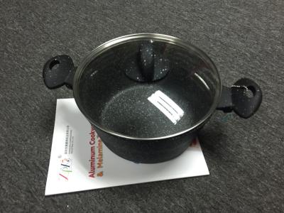 China Forged aluminum casserole with glass lid /inner non-stick marble coating/ outer heat resistant painting/ black coating / for sale