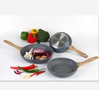 China 3 layers non-stick granite coating Frying pan with wooden effect handle for sale