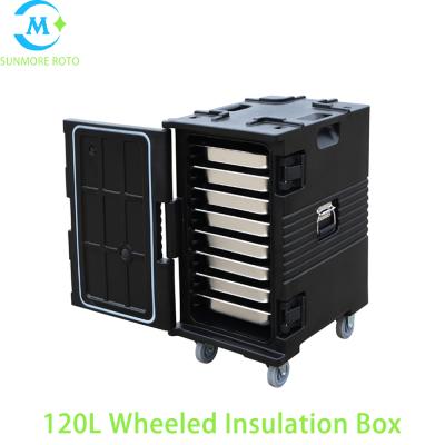 China SUNMORE ROTO OEM 120L Wheeled Rotomolded Insulation Box, Black Thick Foam Thermal Retention Food Transport Cabinet For Catering Restaurant & Canteen for sale