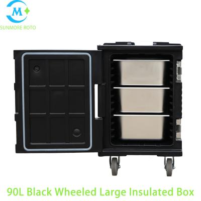 China SUNMORE ROTO OEM 90L Black Wheeled Rotomolded Large Insulated Box, Thick PU Foam Hot & Cold Holding GN Pan Food Transport Cabinet For Central Kitchen Catering Canteen for sale