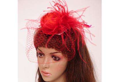 Cina Cappello di cappelleria di Sinamay Fascinator della rosa rossa per la chiesa, piuma Fascinators per capelli in vendita