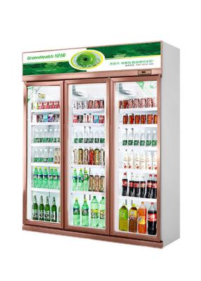 China Three Glass Door Beverage Refrigerator Drinks Display Cooler With Gold Frame for sale