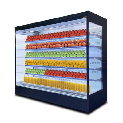 China Chiller de laticínios aberto frontal vertical de ângulo direito com cortina de ar noturna à venda