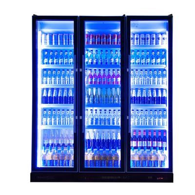 China Commercial Multiple LED Lights Three Glass Doors Beverage/Alcohol Refrigeration Display Freezer for sale