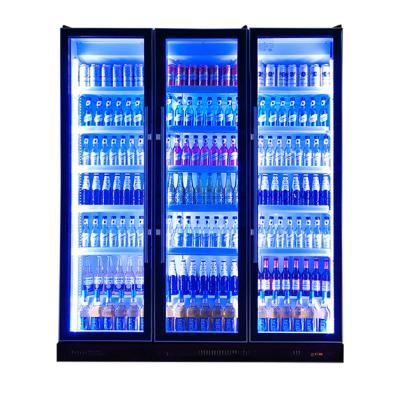 China Three Glass Doors Vertical Commercial Latest Model Multiple LED Lights Beverage Refrigeration Display Freezer for sale