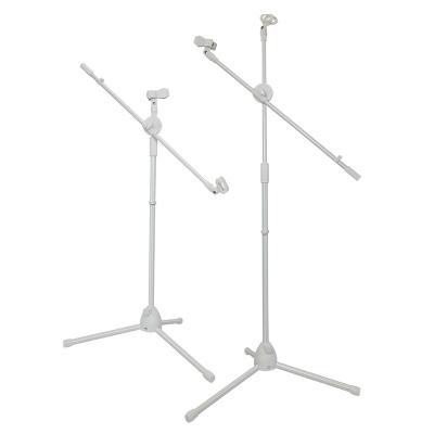 China White Tripod Microphone Stand Foldable With Boom Arm Dual Mic Clips for sale