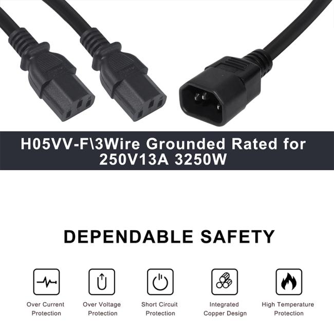 C14 to 2xC13 power cord side view