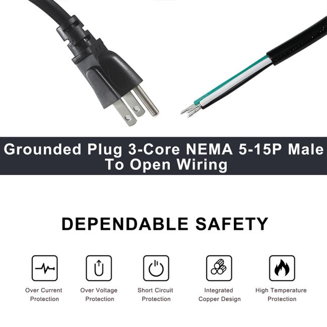 NEMA 5-15P power cord with tinned stripped ends