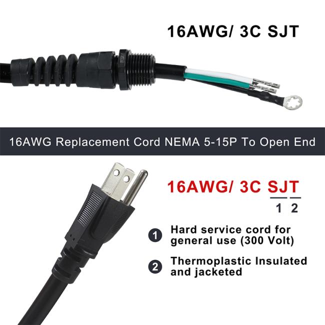 Close-up view of power cable strain relief and connector details