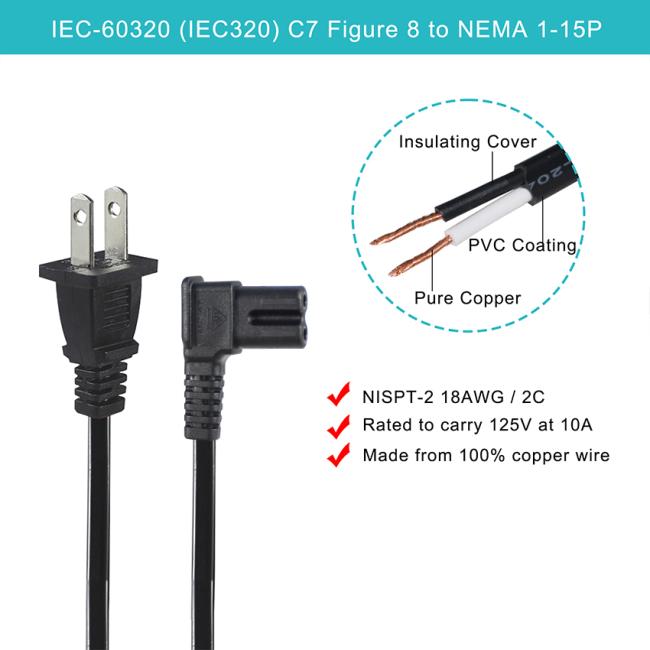 Right angle US 2 pin to C7 power cord front view