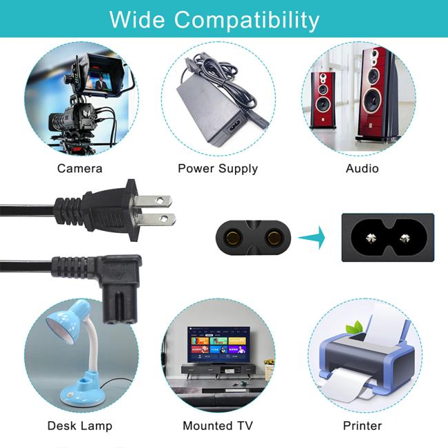 Right angle US 2 pin to C7 power cord specifications label