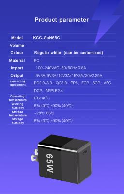 Chine Protection contre les courts-circuits Chargeur GaN 65W avec QC4.0 PD et ports USB C EU/US/UK à vendre