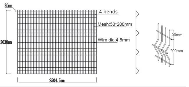 3D wire mesh fence technical drawing showing dimensions and structure