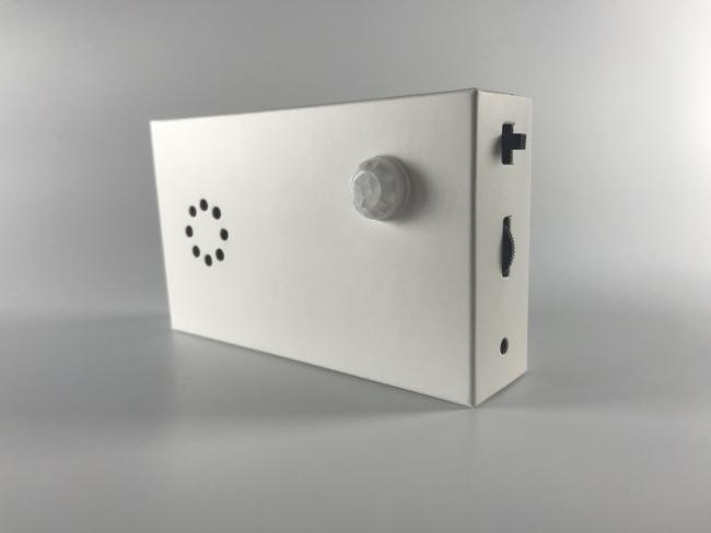 Close-up of motion sensor sound box with custom printing capabilities