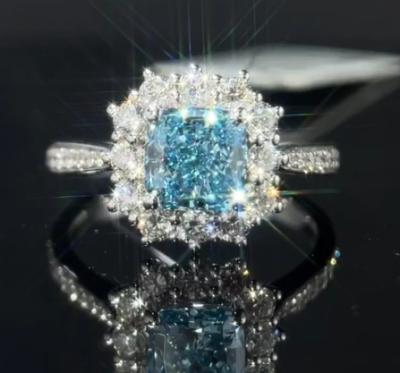 China Blue Lab Grown Diamond Rings 1.29ct Cushion Cut Synthetic Diamond Gift Ring For Women for sale