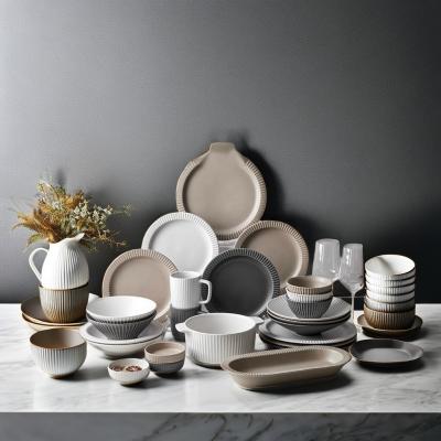China Relief Pattern Disposable Matte Glaze Plates Nordic-Inspired Modern Ceramic Dinner Set for sale