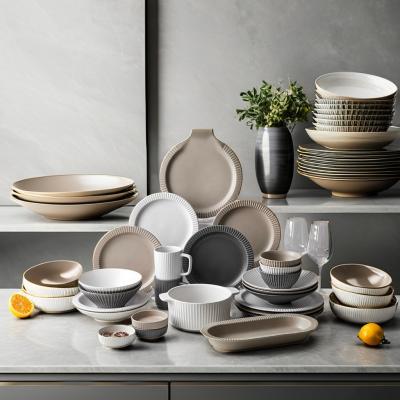 China Relief Pattern Disposable Matte Glaze Plates Nordic-Inspired Modern Ceramic Dinner Set for sale