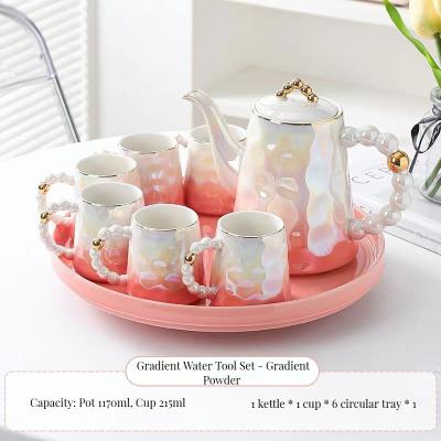 China Stylish Pink Pearl Ceramic Coffee Mug Set with Saucer and Bamboo Tea Cup 1300ml Capacity for sale