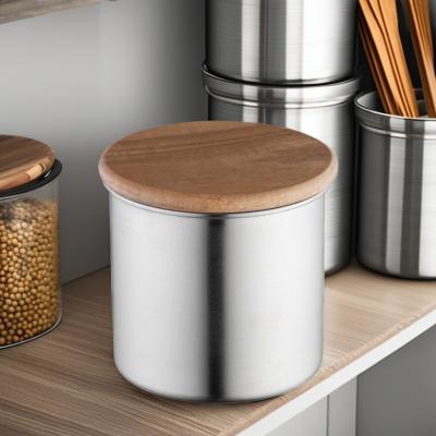 China 1L Bamboo Food Stainless Steel Vacuum Canister Wooden Lid Microwavable Carved Coffee Tea Spice Storage for sale