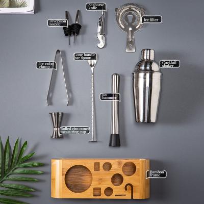 China Mixer Cocktail Set Stainless Steel Bartender Kit with Vodka Dispenser and Bamboo Tongs for sale