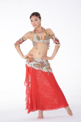 China Belly dance suits bra and skirt  with flower print and chiffon fabric for sale
