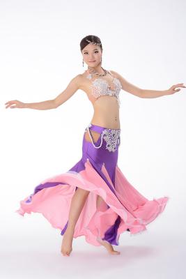 China Contrast color belly dancer outfits with lace embroidery  top and skirt set for sale