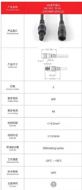 Electrical Small Circular M6 2 Pin Low Voltage Waterproof Connector