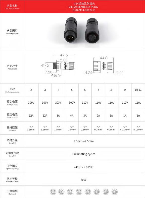 Male Female 7 8 9 Pin M14 Waterproof Electrical Connector Socket