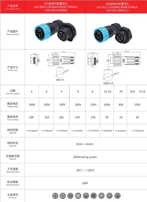 New Energy A25 Blue Self-Locking Series Waterproof Aviation Press Type Connector
