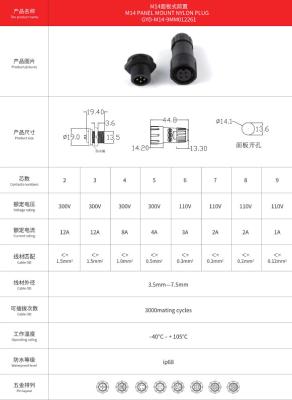 Cina 300V m14 pannello di montaggio di nylon innesco nero luminaria ambiente allarmi connettore del cavo impermeabile in vendita