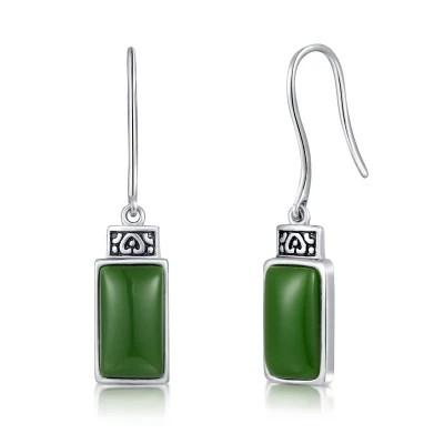 China 3.10g casual 925 Sterling Silver Earrings Natural Stone Emerald Jade en venta