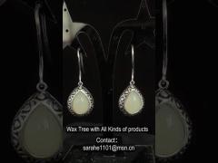925 jade branco dado forma pera cinzelado de Sterling Silver Gemstone Earrings 5.63g