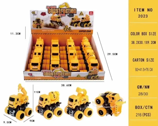Plastic Pull Back Friction Powered Construction Engineering Vehicle Dump Crane Mixer Truck Kids Toy Car 12 Piece Display Box