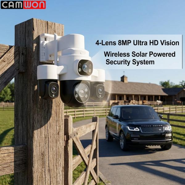Quality Solar Security Camera Outdoor Wireless With 4-Lens 8MP 4G 16000mAh Battery AOV Camera for sale