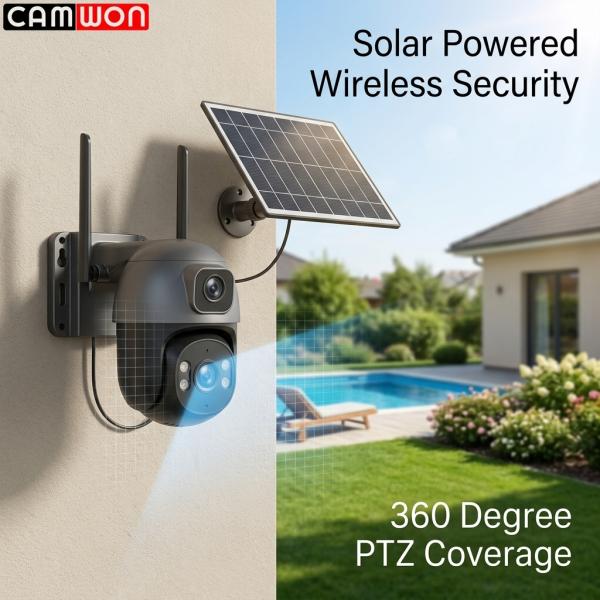 Quality 4MP Solar Powered Surveillance CCTV Security Camera With AOV PTZ Dual Lens for Outdoor for sale