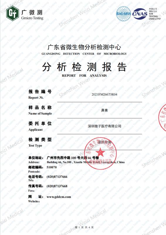 Negative Hydrogen Oxygen Ion Generator - Guangwei Side - Analysis and Test Report - Shenzhen Weizi Medical Co., Ltd.