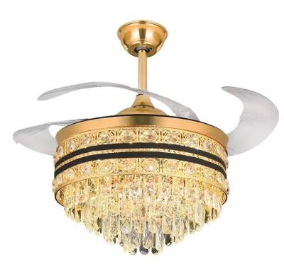 China wholesale   Nordic Modern Dc Remote Control Glod Retractable Invisible Round K9 Crystal Chandelier Led Ceiling Fan With Light for sale