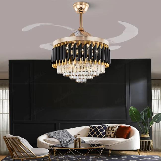 Modern Residential Smart Home Decorative Remote Control Gold Crystal Large Ceiling Light Fan Luxury Chandelier Led Ceiling Fan