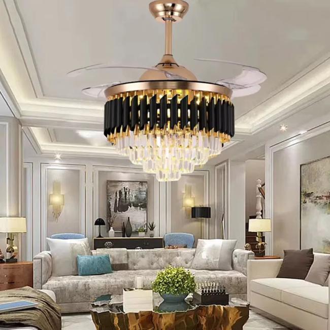 Modern Residential Smart Home Decorative Remote Control Gold Crystal Large Ceiling Light Fan Luxury Chandelier Led Ceiling Fan