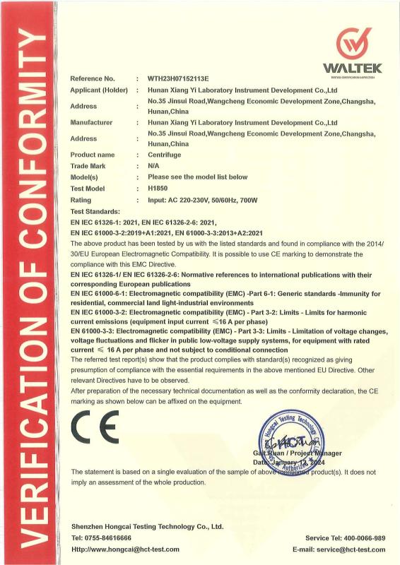 CE - Hunan Xiangyi Laboratory Instrument Development Co., Ltd.