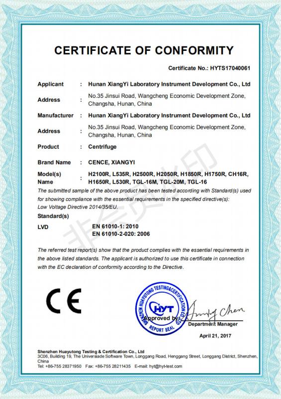 CE - Hunan Xiangyi Laboratory Instrument Development Co., Ltd.