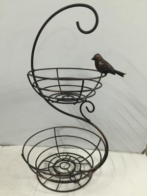 China metal wire two ties black round Fruit Basket with bird decoration for sale