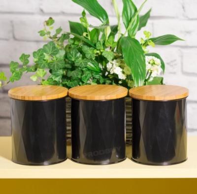 China Metal Caddy round Galvanized Storage Tin galvanized tea coffee sugar storage tin canister set with bamboo lid for sale
