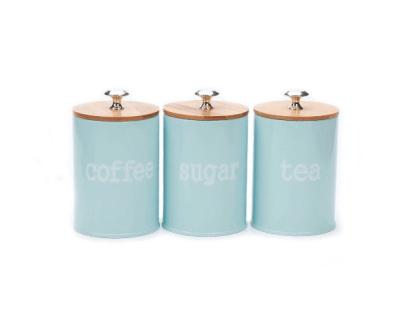 China Metal round power coating Storage Tin  tea coffee sugar canister set with bamboo lid for sale
