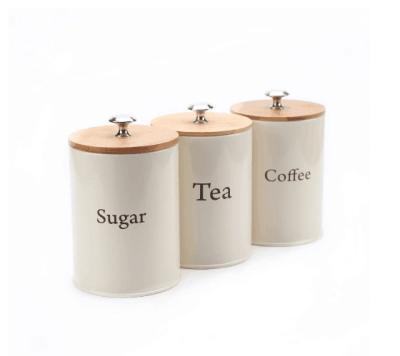 China galvanized round 3 pieces yellow power coating tea  coffee sugar canister set with bamboo lid for sale