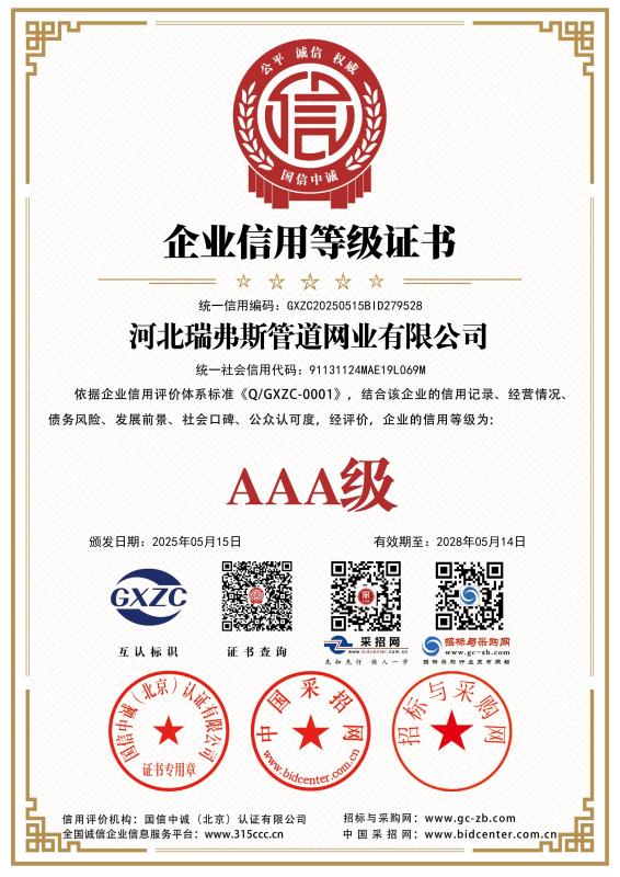 Enterprise credit rating certificate - HeBei Reinforce Pipeline Mesh Co., Ltd