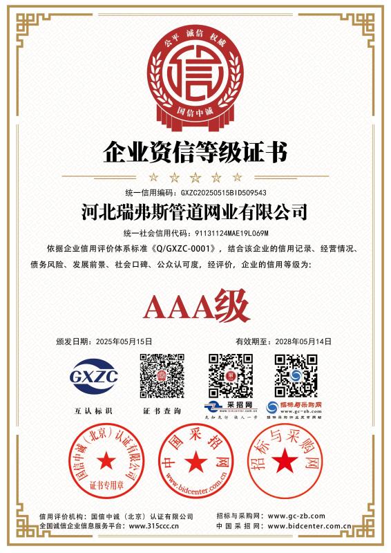 Enterprise credit rating certificate - HeBei Reinforce Pipeline Mesh Co., Ltd