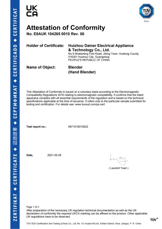 UKCA - Huizhou Dainer Electrical Appliance&Technology Co.,Ltd