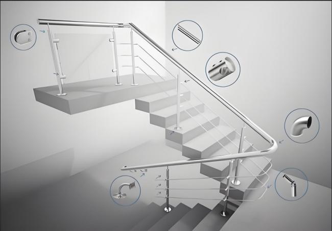 Industrial safety stair railing installed in industrial setting